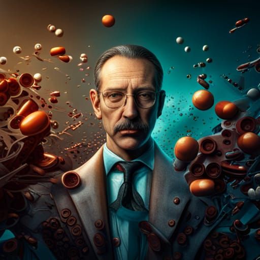A man, surrounded by pills, 8k resolution, a masterpiece, 35mm ...