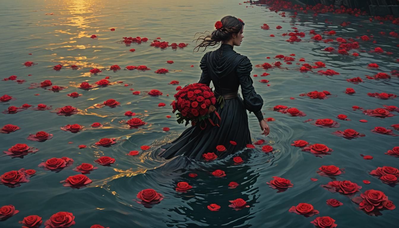 A woman in black with a 1000 red roses in the sea - AI Generated ...