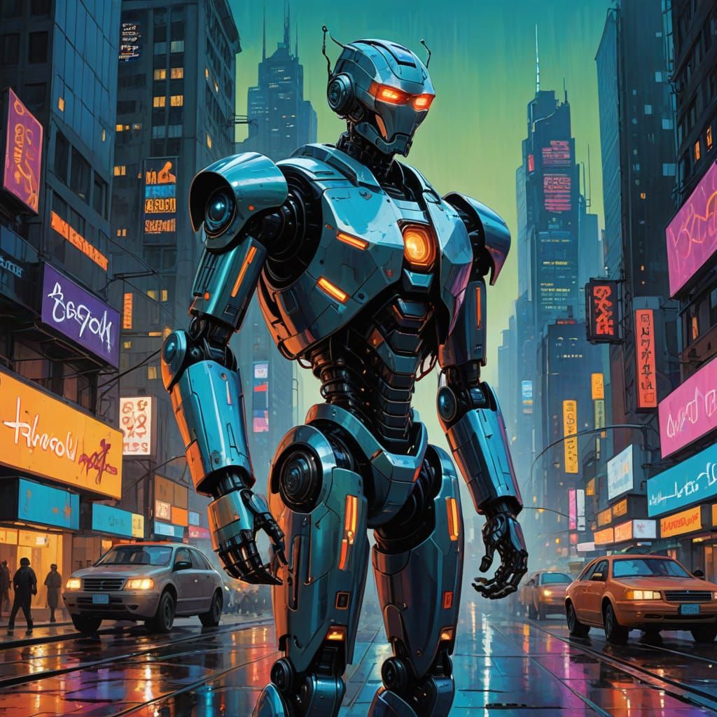 Cyberpunk Robots Guard Dystopian Metropolis in Vib... - AI Art