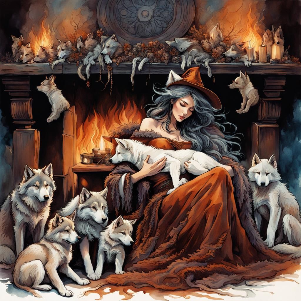 Beautiful Wild Witch cuddling a litter of wolf puppies in front of a ...
