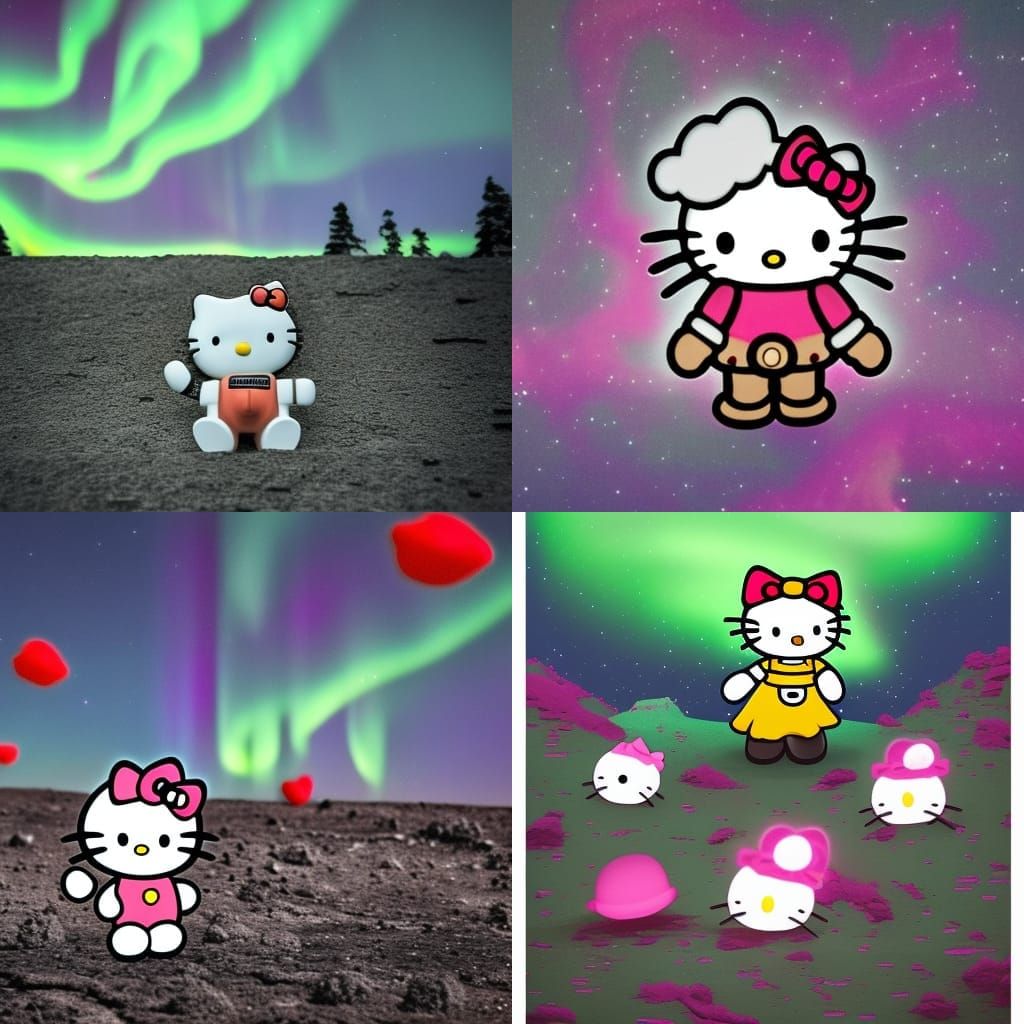 Hello Kitty humanoid walking over scorched, dystopian earth with Aurora ...
