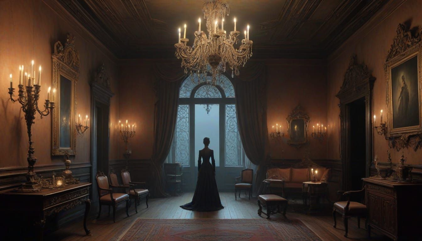 Elegantly Dressed Victorian Woman Stares Down Dark... - AI Art