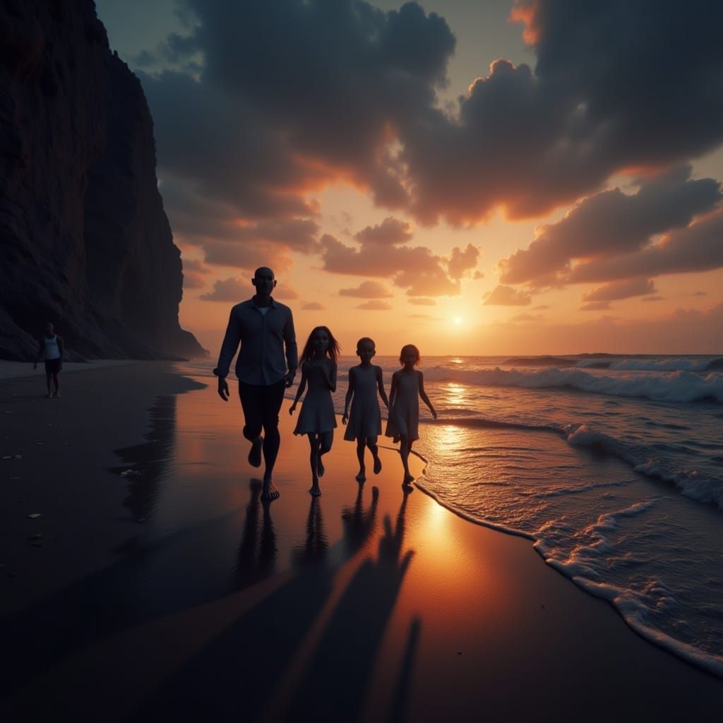 Mysterious Family of Shadow Figures on Moonlit Bea... - AI Art