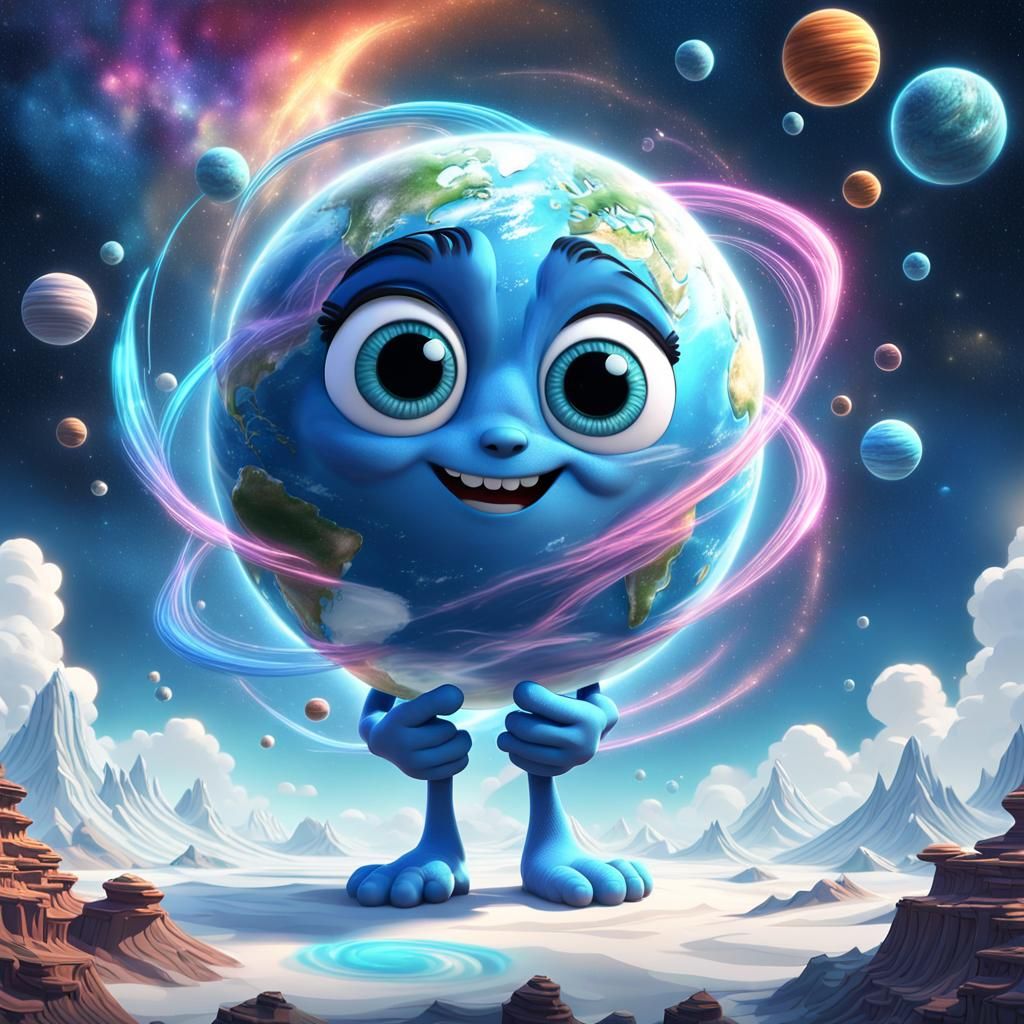 Cute and quirky cartoon version of a wide eyed planet earth - AI ...