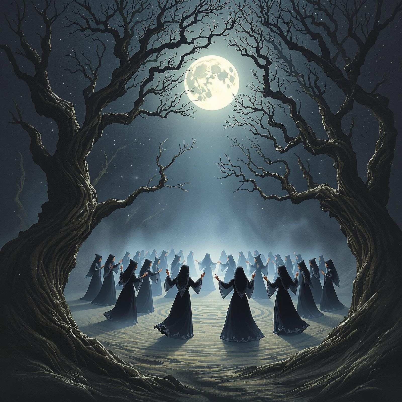 Witches Dancing Under a Full Moon in a Fantastical... - AI Art