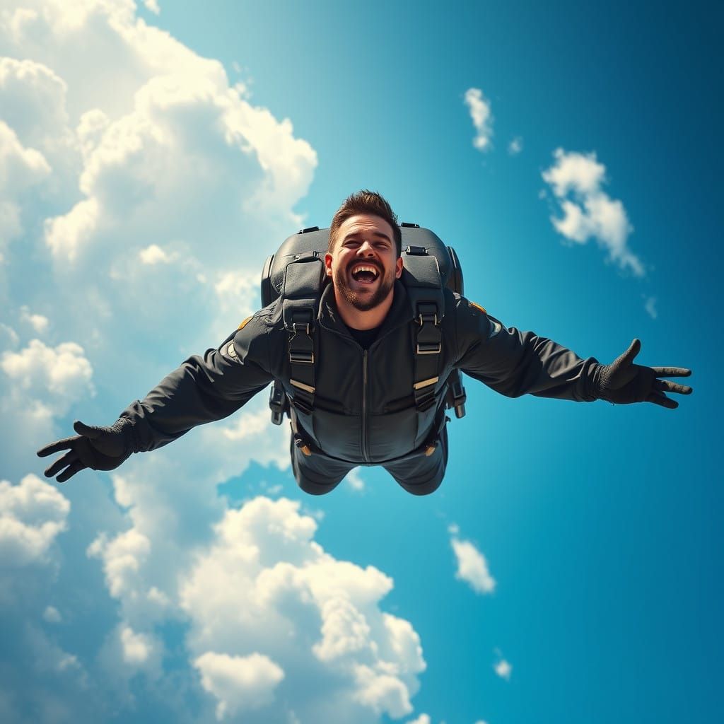 A highly visible, gigantic, breathtaking, qqman jumping out of a plane ...