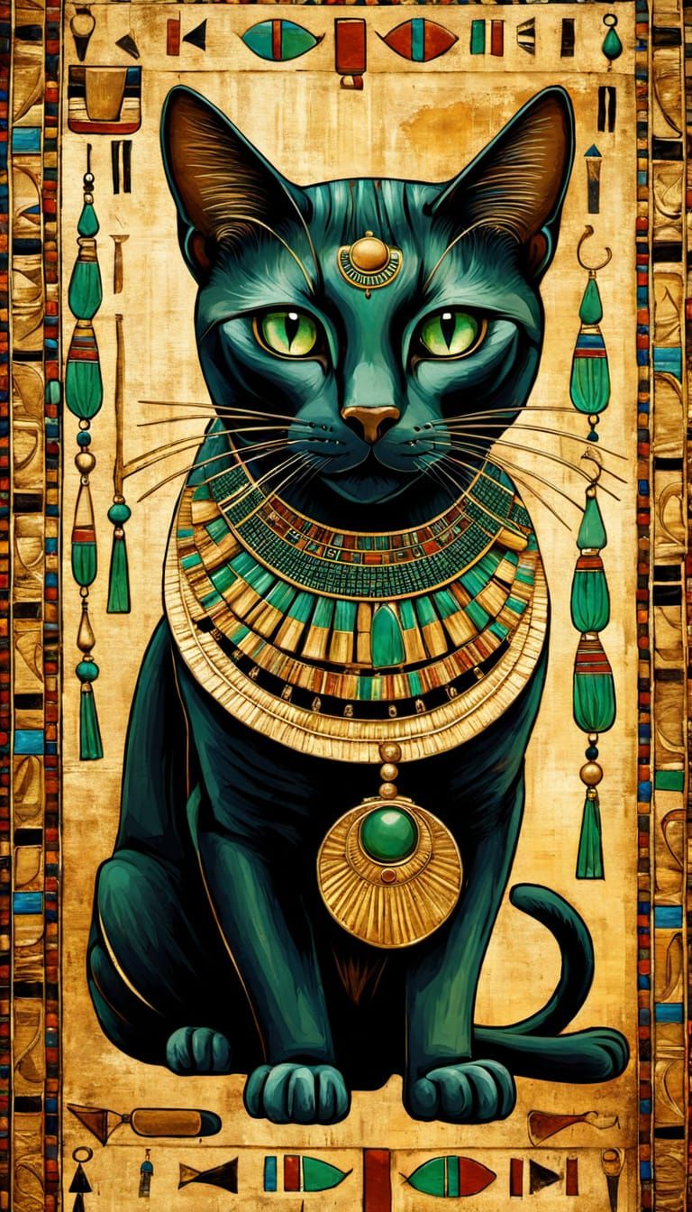 Bastet 2 - Elegant Bastet: Egyptian Cat Goddess on Papyrus