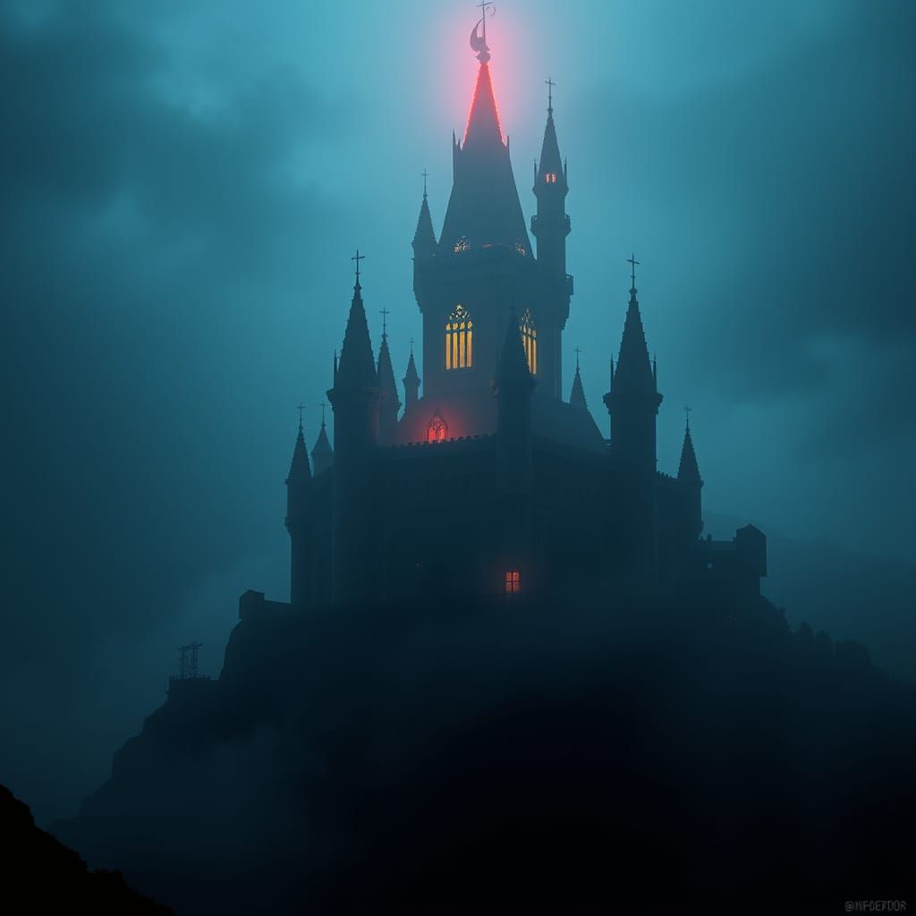 Ethereal Castle in Neon Shadows, Forever Alone - AI Art