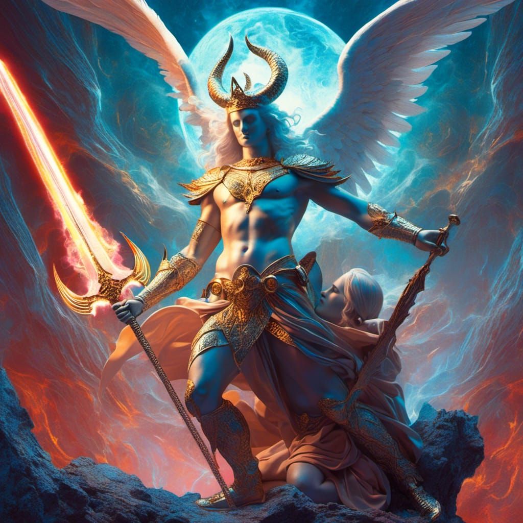 Devil with sword, fighting a pure white angel with a trident 8k resolution holographic astral ...