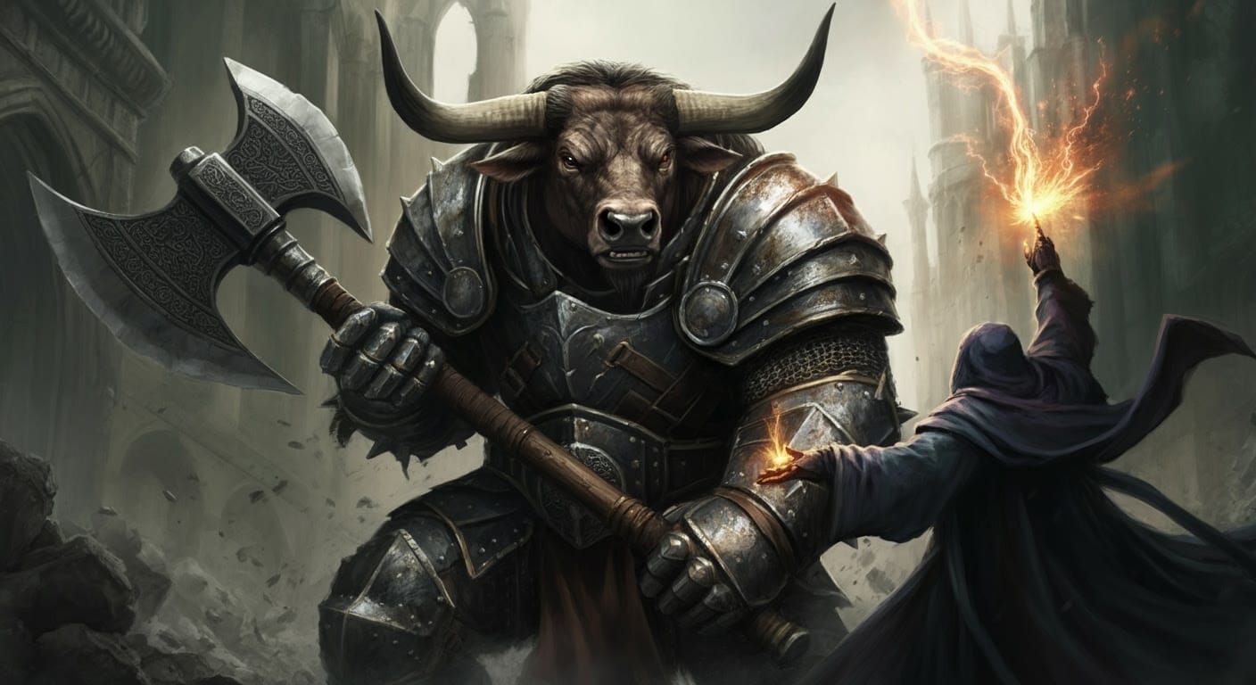 Epic Minotaur Battles Wizard in Ruined City - AI Art