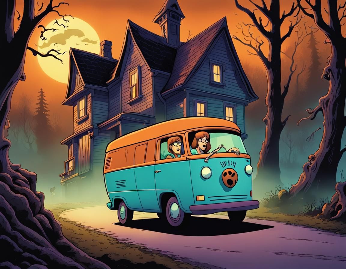 Scooby-Doo mystery van, Velma driving, Daphne in the passenger seat ...