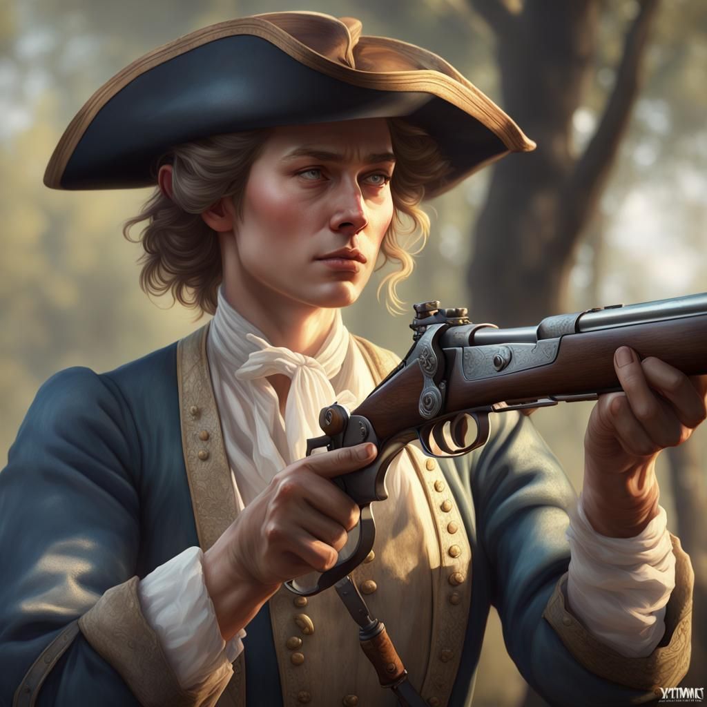 Gunsmith test firing a rifle outdoors colonial Circa 1700 eara correct ...