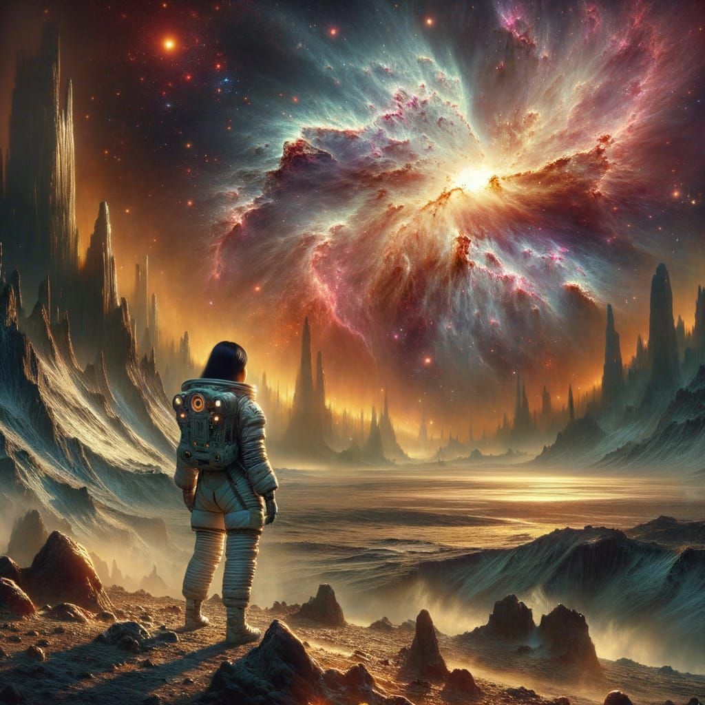 A lone astronaut stands on a desolate alien planet, gazing at a breathtaking nebula. The ...