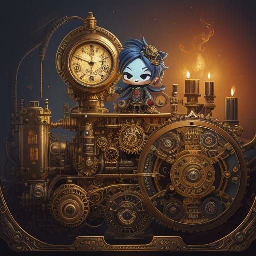 Steampunk Chibi Puppet in Whimsical Panic - AI Art