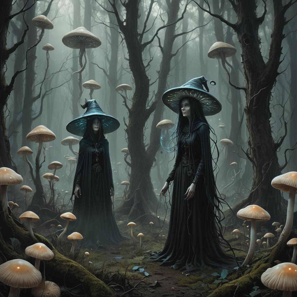 Macabre witch, ELDRITCH forest, BIOLUMINESCENT transparent mushrooms ...