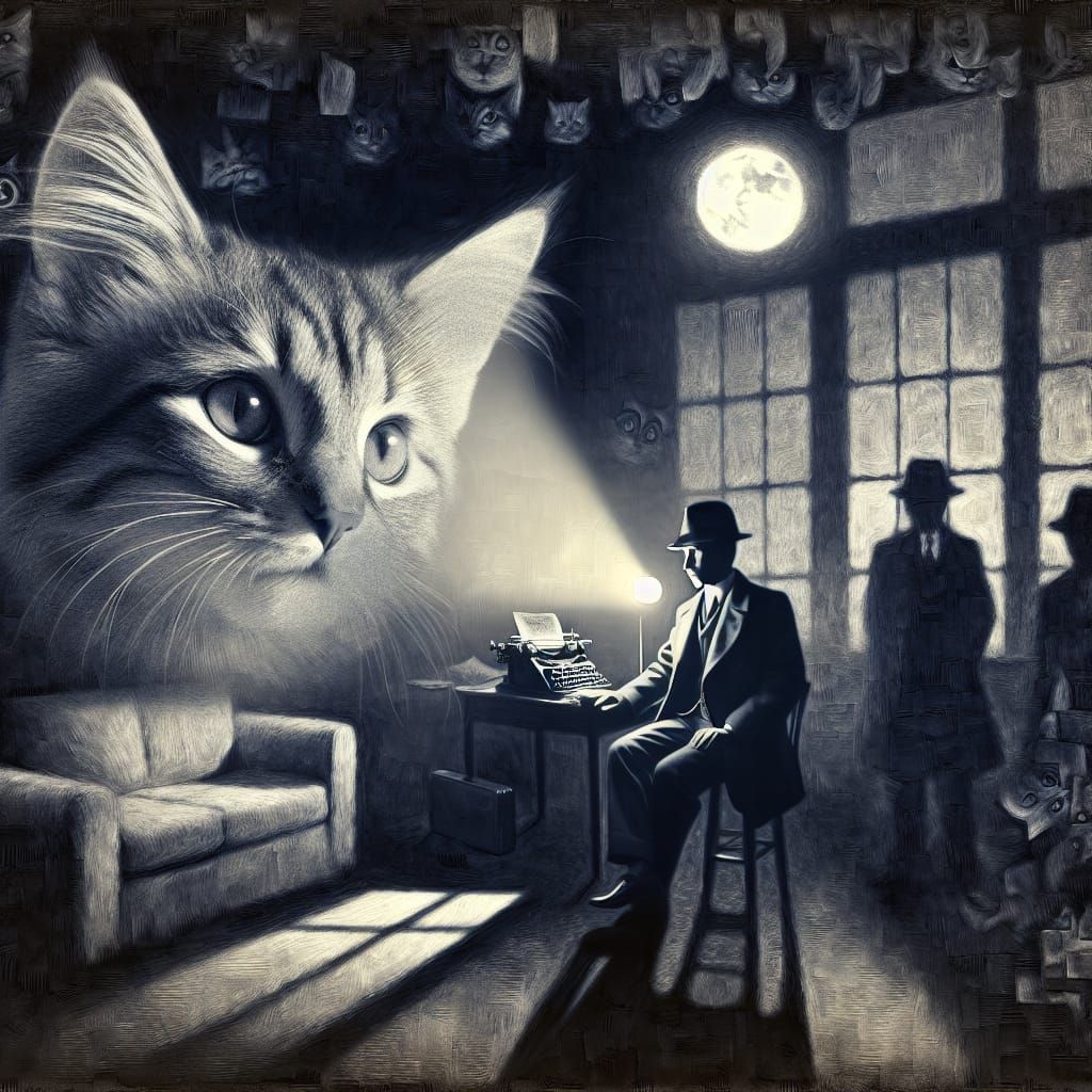 art by Théophile Steinlen, cat detective in a dimly lit noir office ...