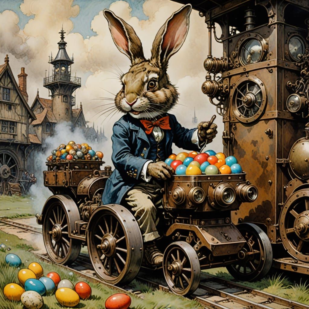 Steampunk Easter Bunny with Eggs in Whimsical Illu... - AI Art