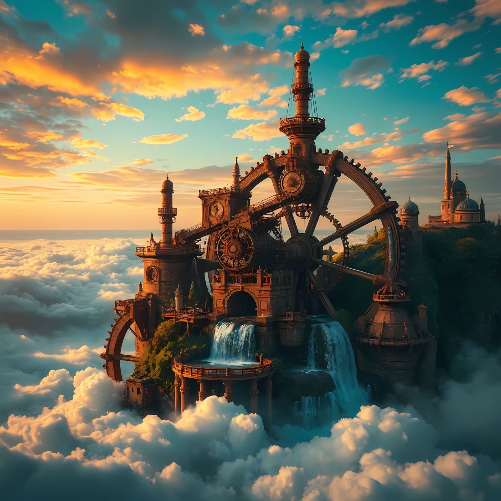 📳a colossal, steampunk-inspired waterwheel powering a floating island