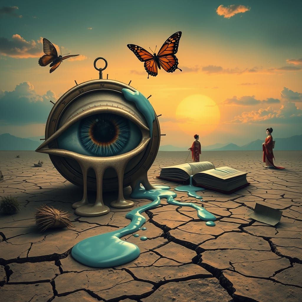 Surrealist Desert Landscape with Symbolic Elements - AI Art