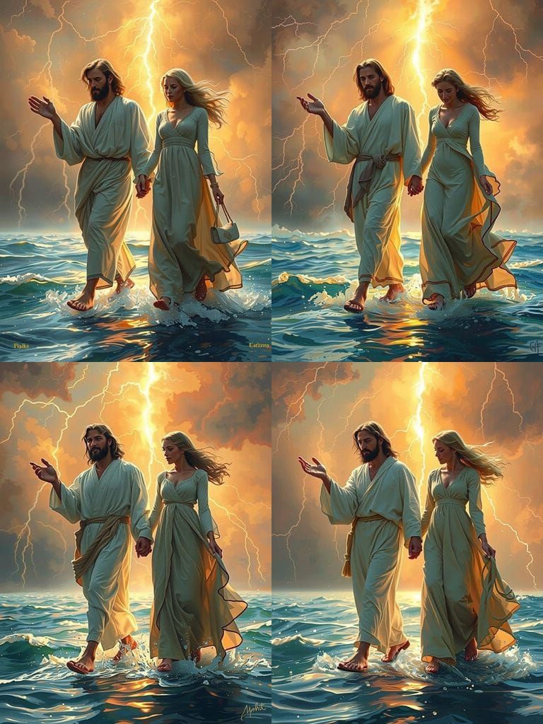 Jesus and the Damsel Walk on Water in a Golden Sto... - AI Art