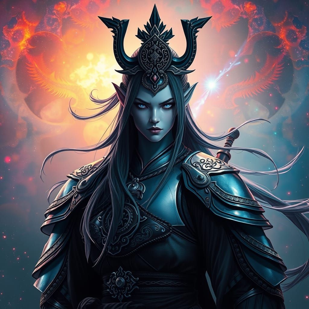 Majestic Drow Elf Samurai in Vibrant Nebula, Exudi... - AI Art