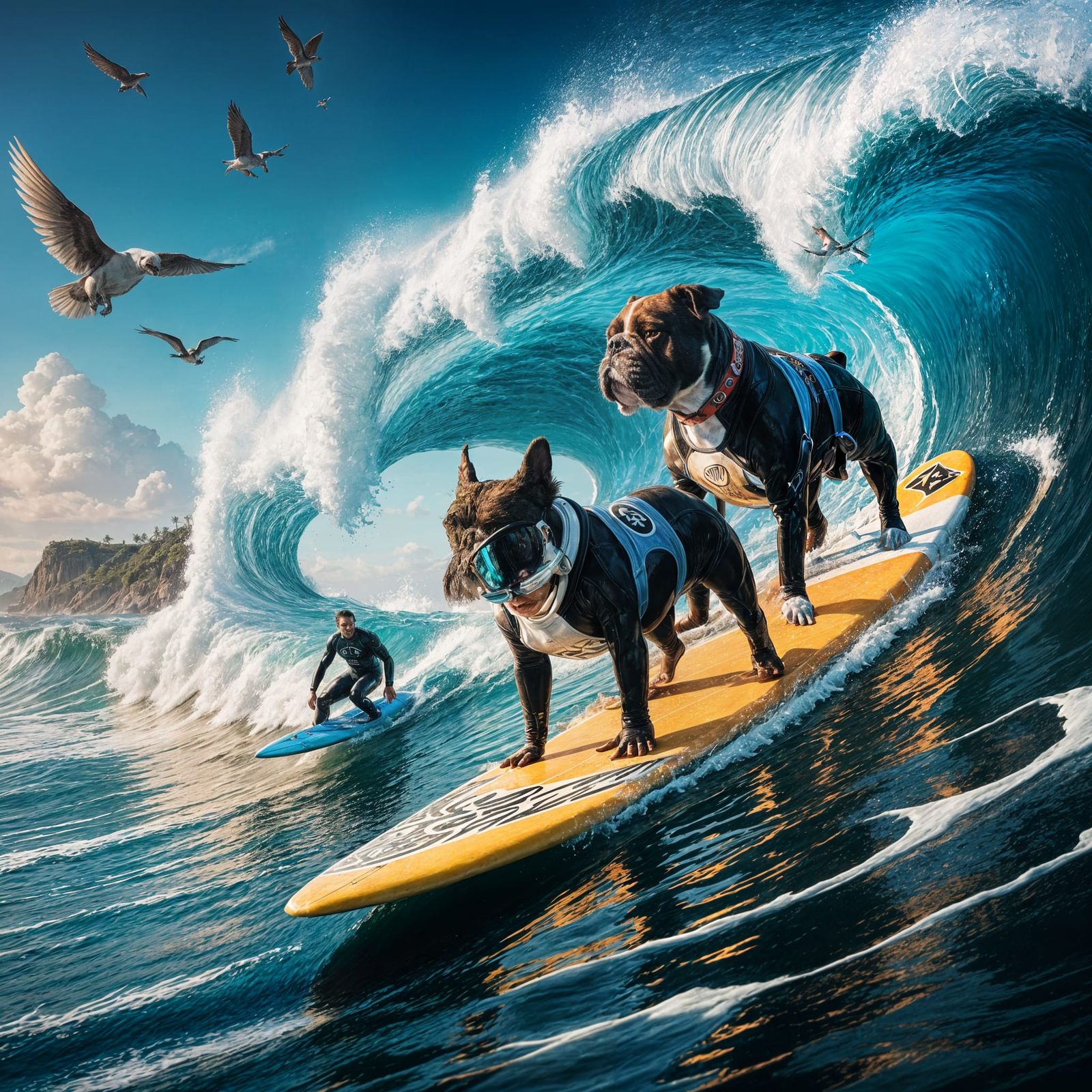 Ethereal Surfing Duo on Azure Waves in Art Nouveau... - AI Art