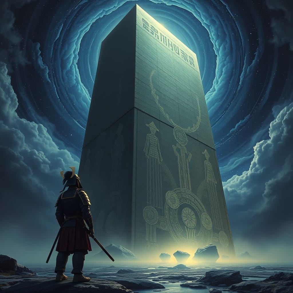 A lone samurai in traditional armor stands before a colossal, ancient ...