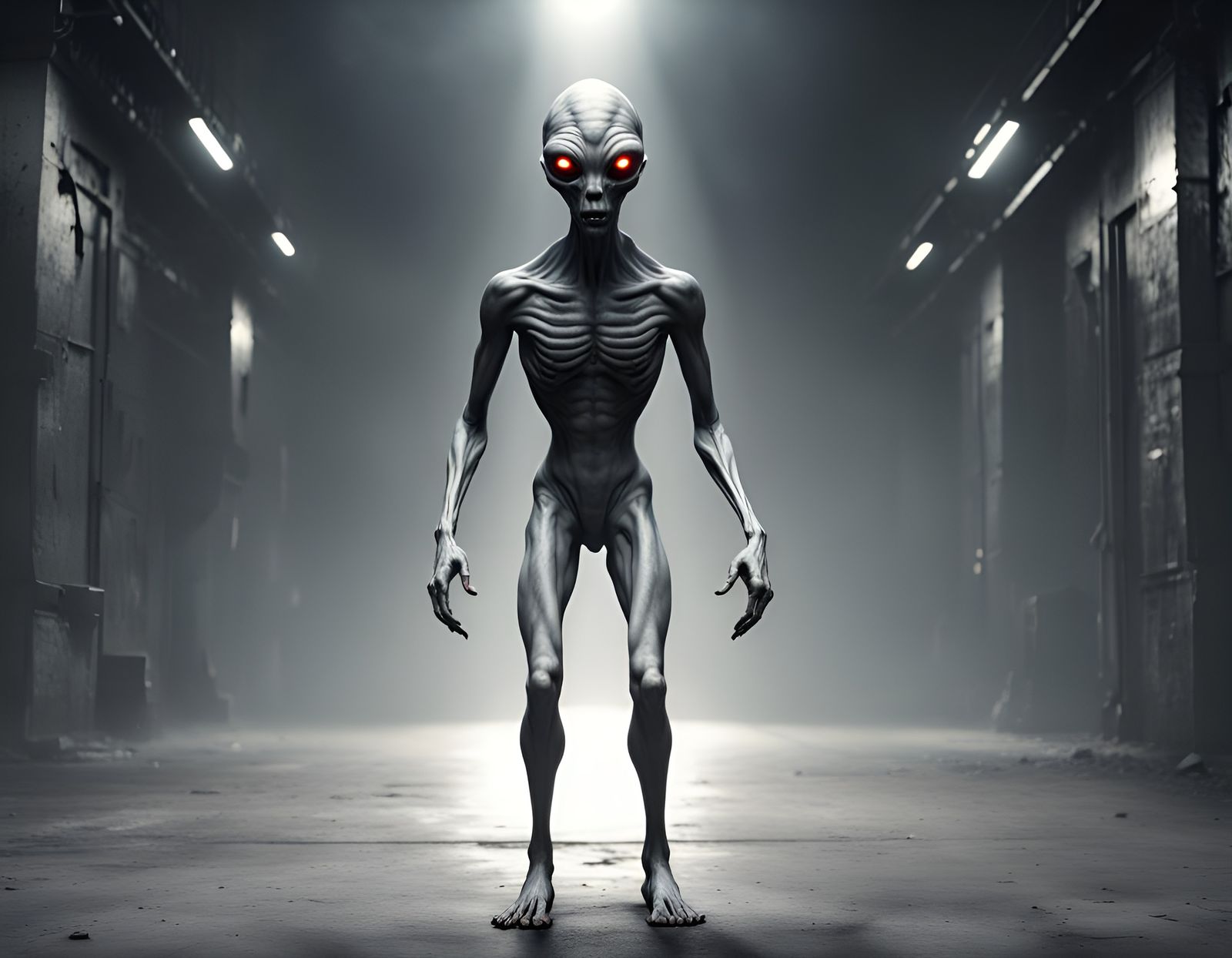 Scary gray alien walks and looks blinking on a dark smoky background - AI Generated Artwork ...