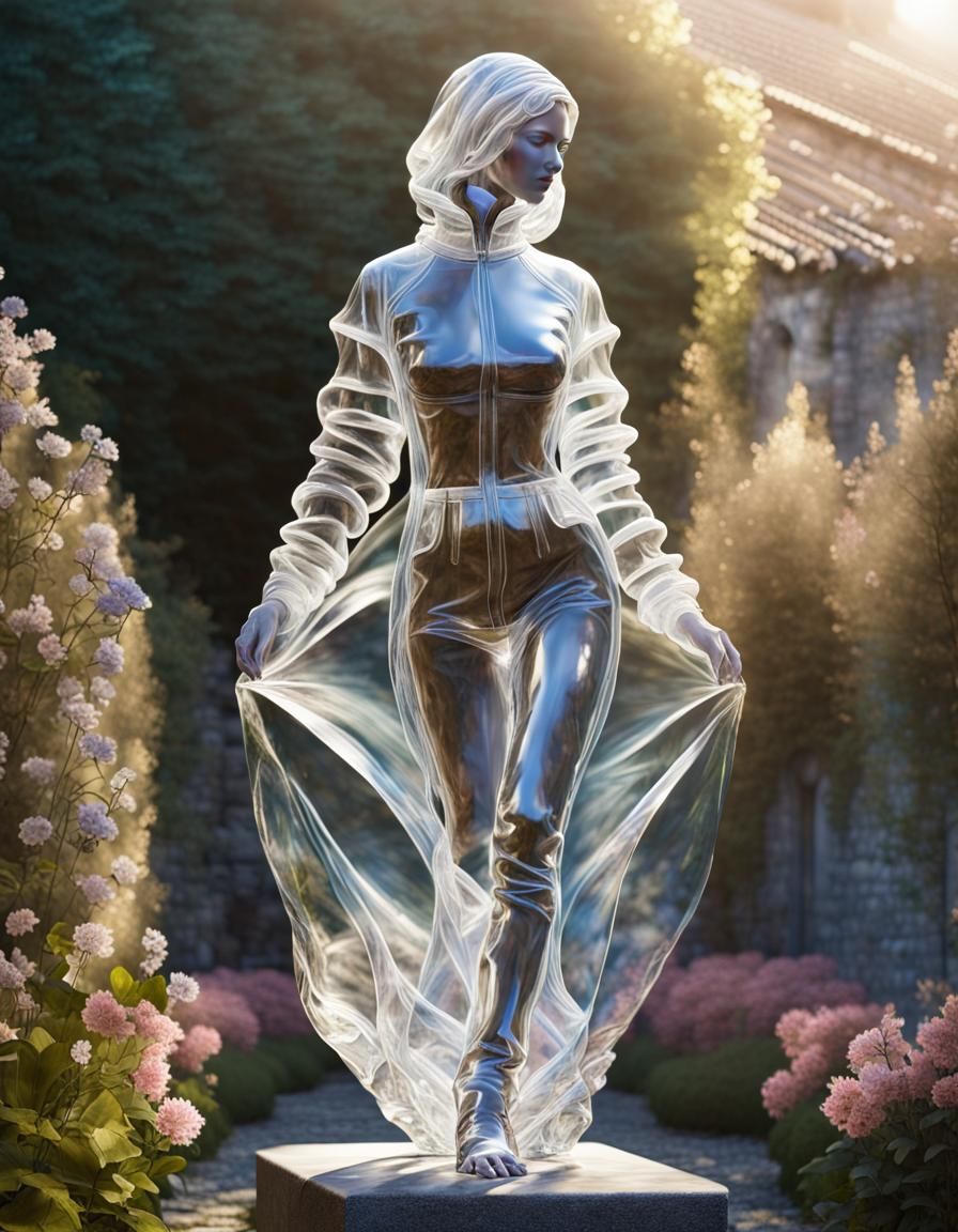 Crystal-clear glass woman statue figure pose with down jacket in an ...