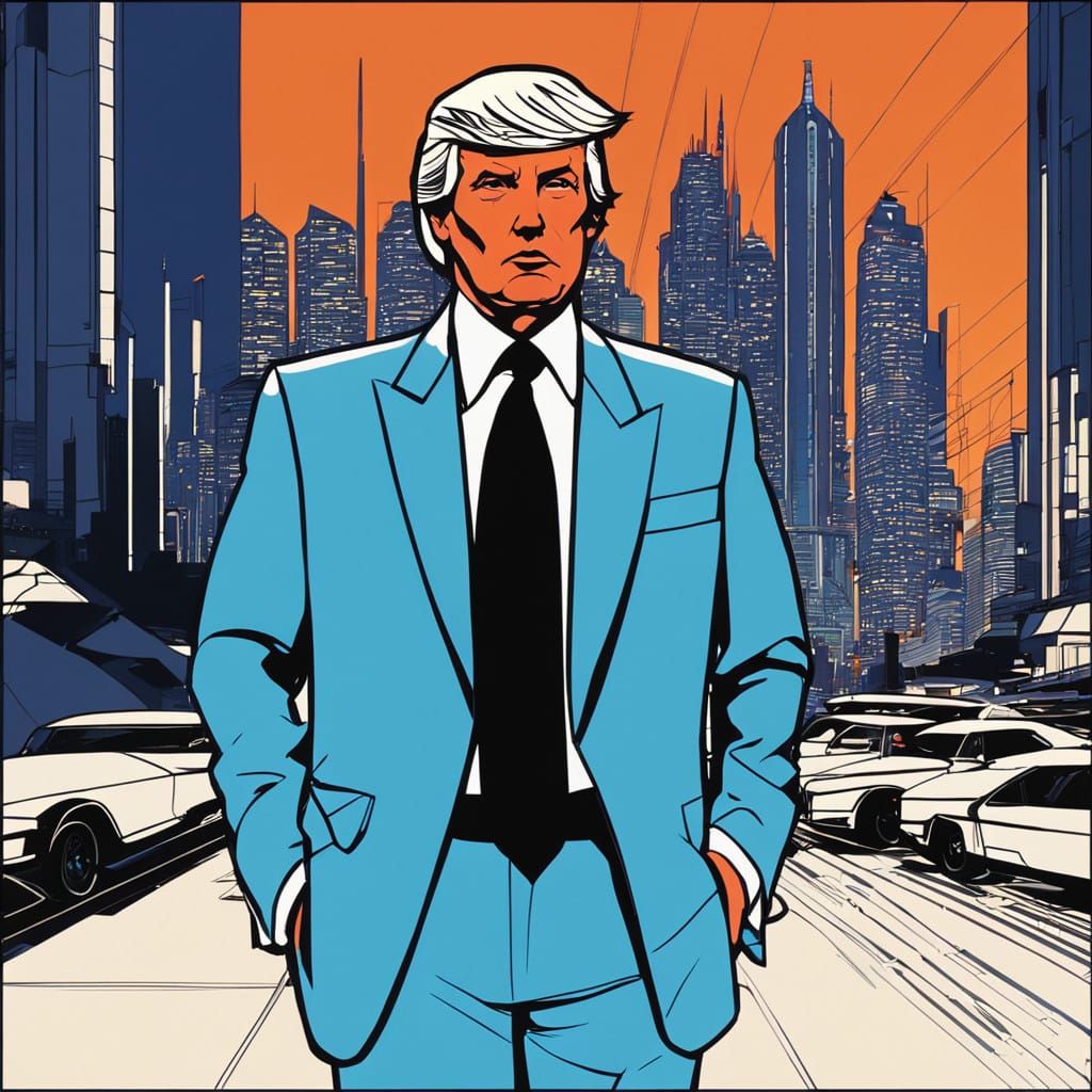 Synthwave Donald Trump - Retro-Futuristic Businessman Gazin...
