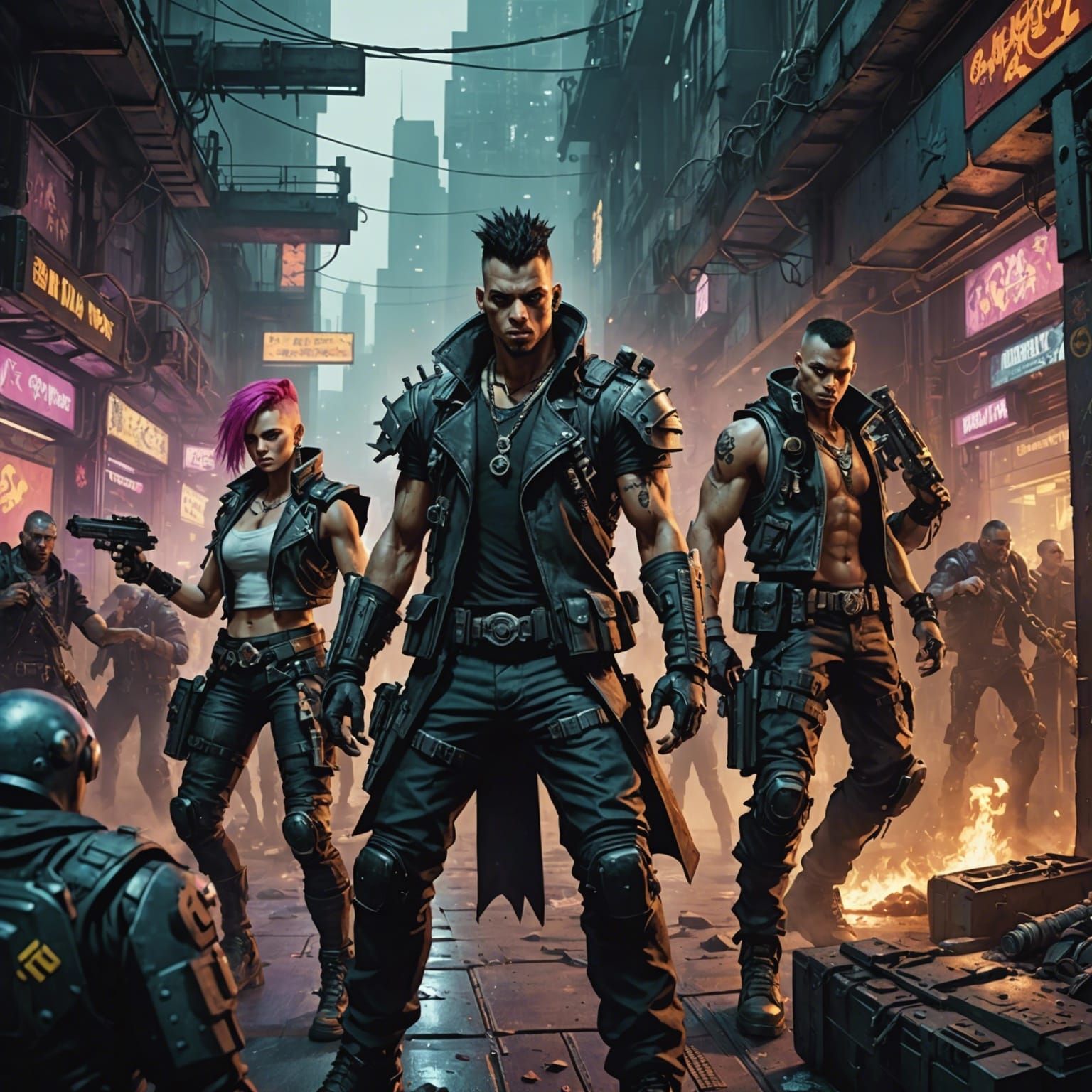 Street gang punks causing chaos in the underhive of a cyberpunk mega ...