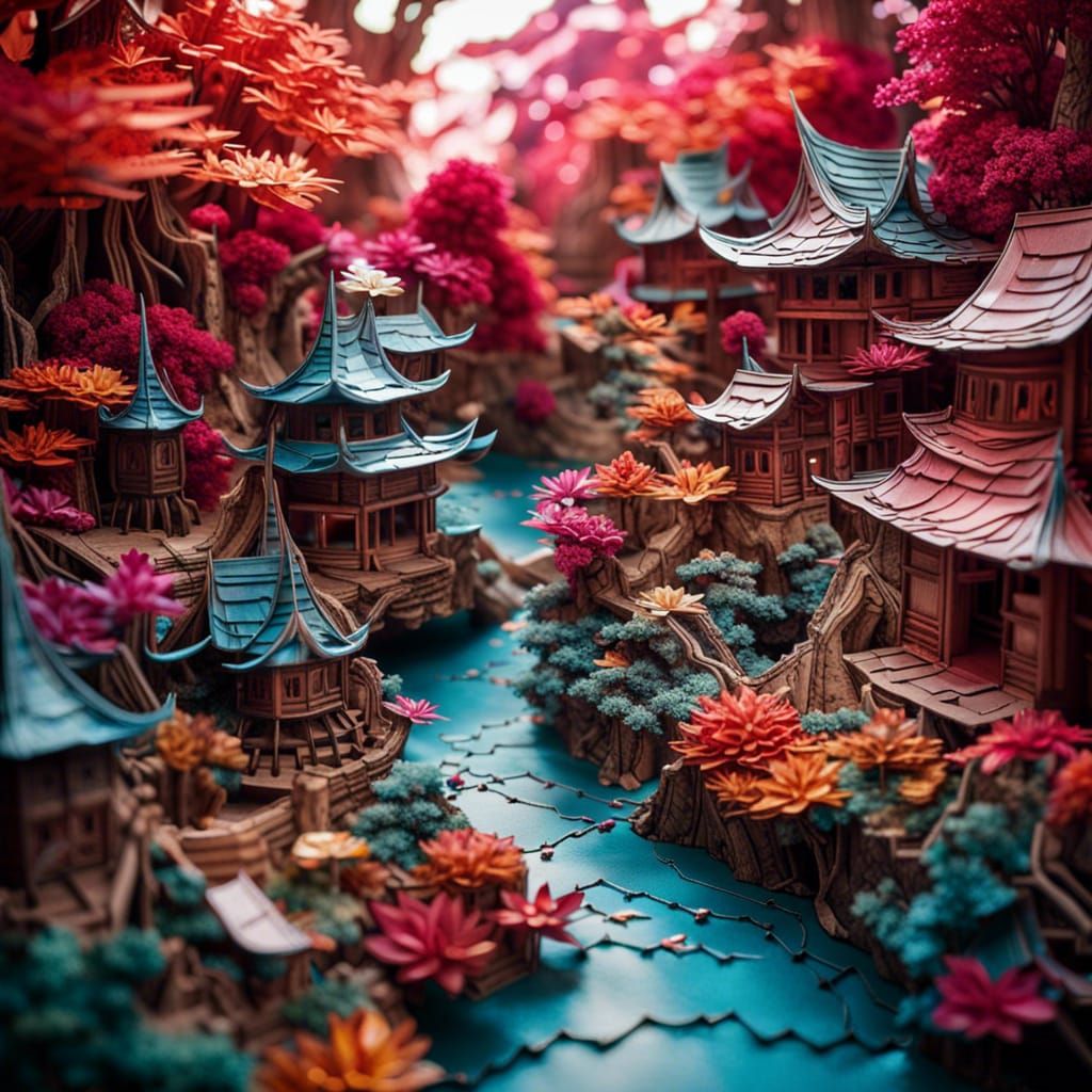 Origami fantasy landscape of Japanese wonderland :: papercraft :: - AI ...