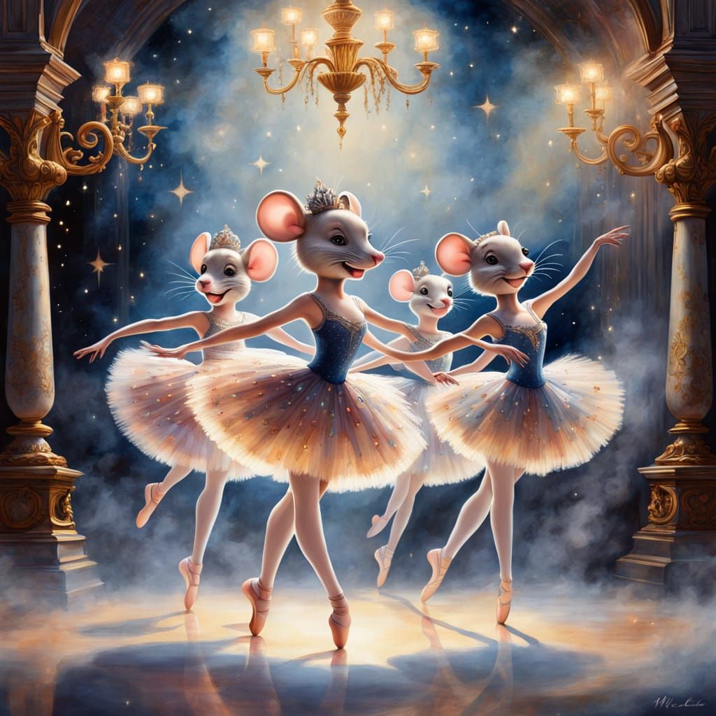 four mice ballerinas in a pas de quatre on a tiny stage under a ...