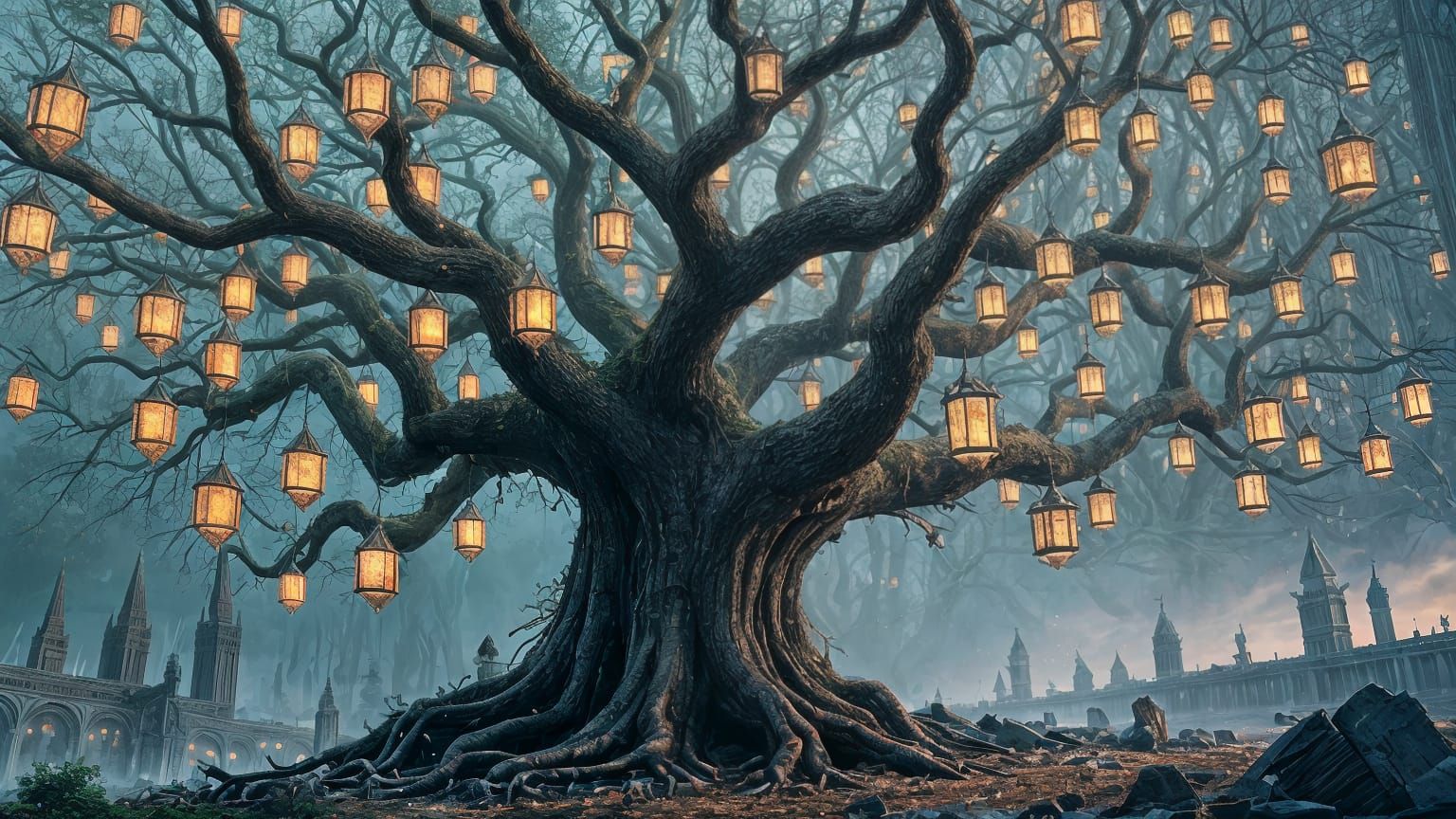 Gargantuan Black Iron Tree Rises from Fallen Empir... - AI Art