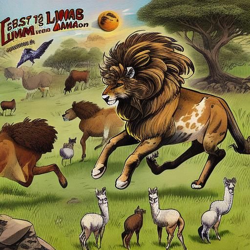 Comic book drawing of A male lion hunts a pack of llamas - AI Generated ...