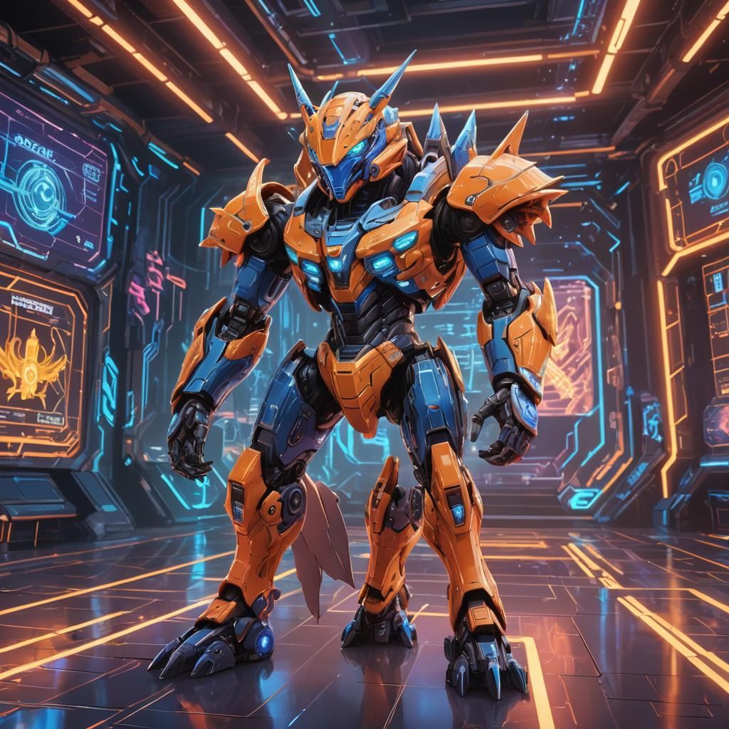 Digital Digimon Concept Art in Neon-Lit Futuristic... - AI Art