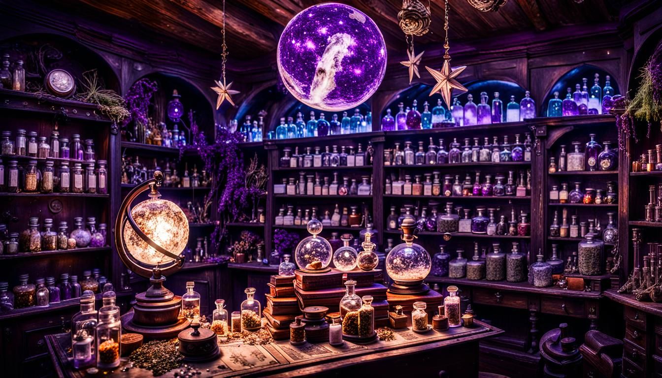 a detailed Apothecary, with a cash register, amethyst lights hanging ...