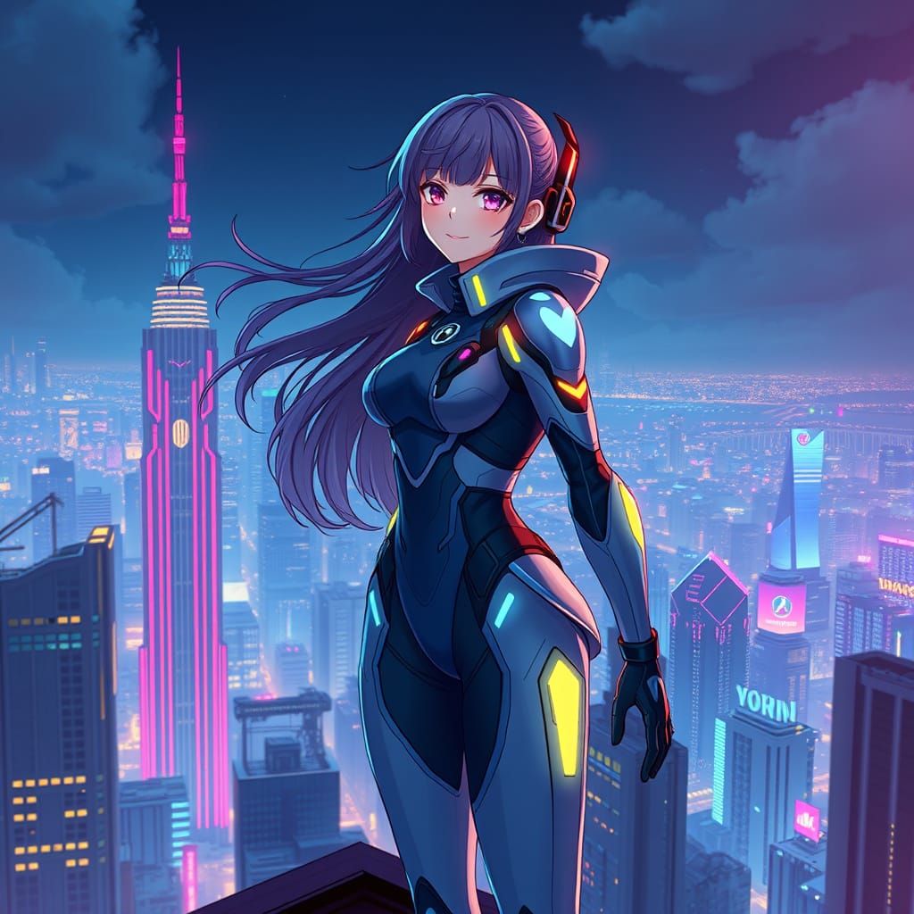 Anime Mecha Pilot Overlooking Neon City at Night - AI Art