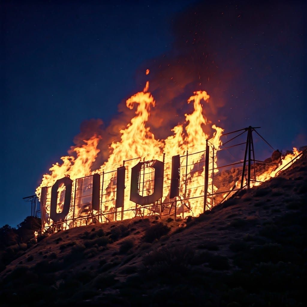 Hollywood Sign Engulfed in Flames at Night - AI Art