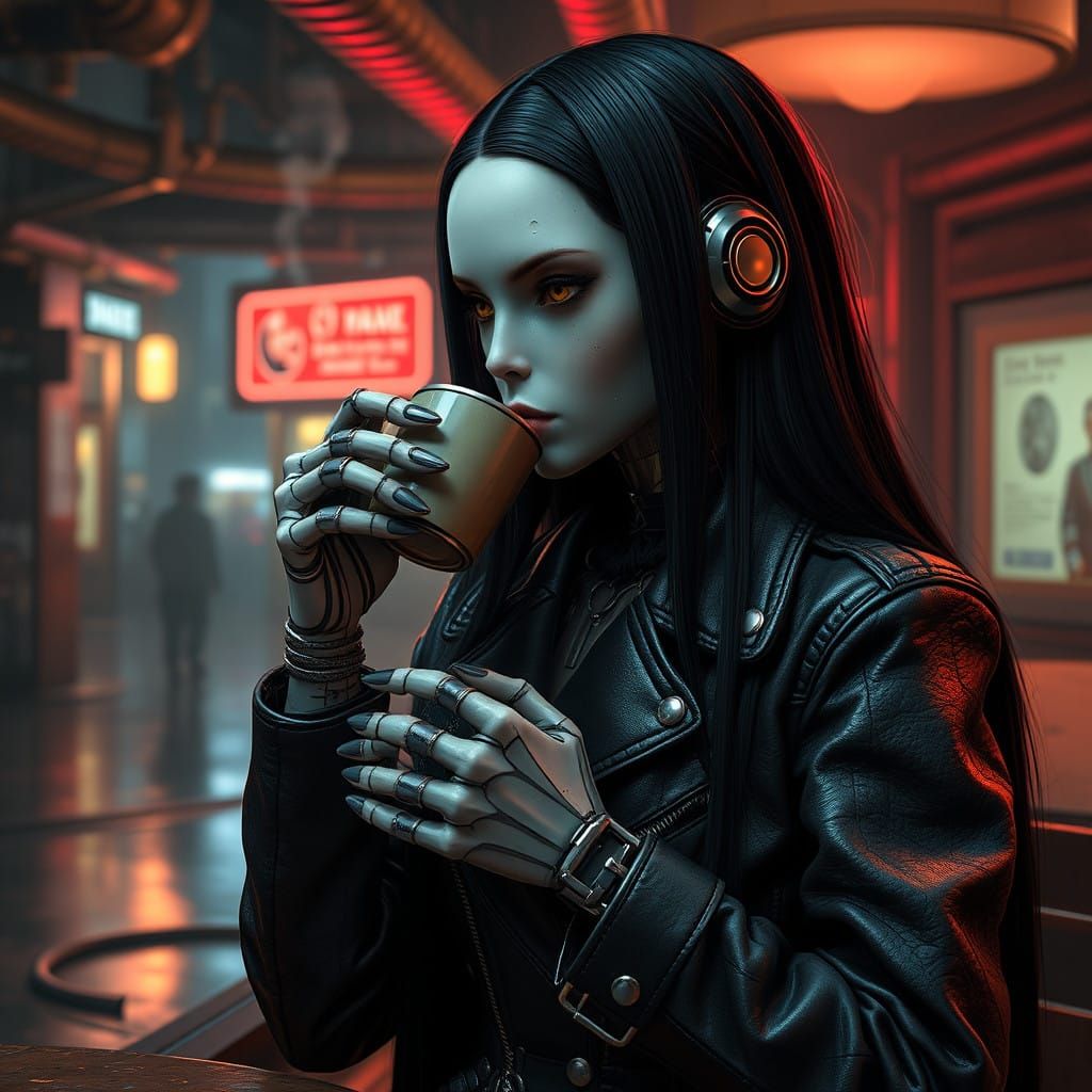 Four-armed android with long, dark, straight hair wearing a worn, black ...