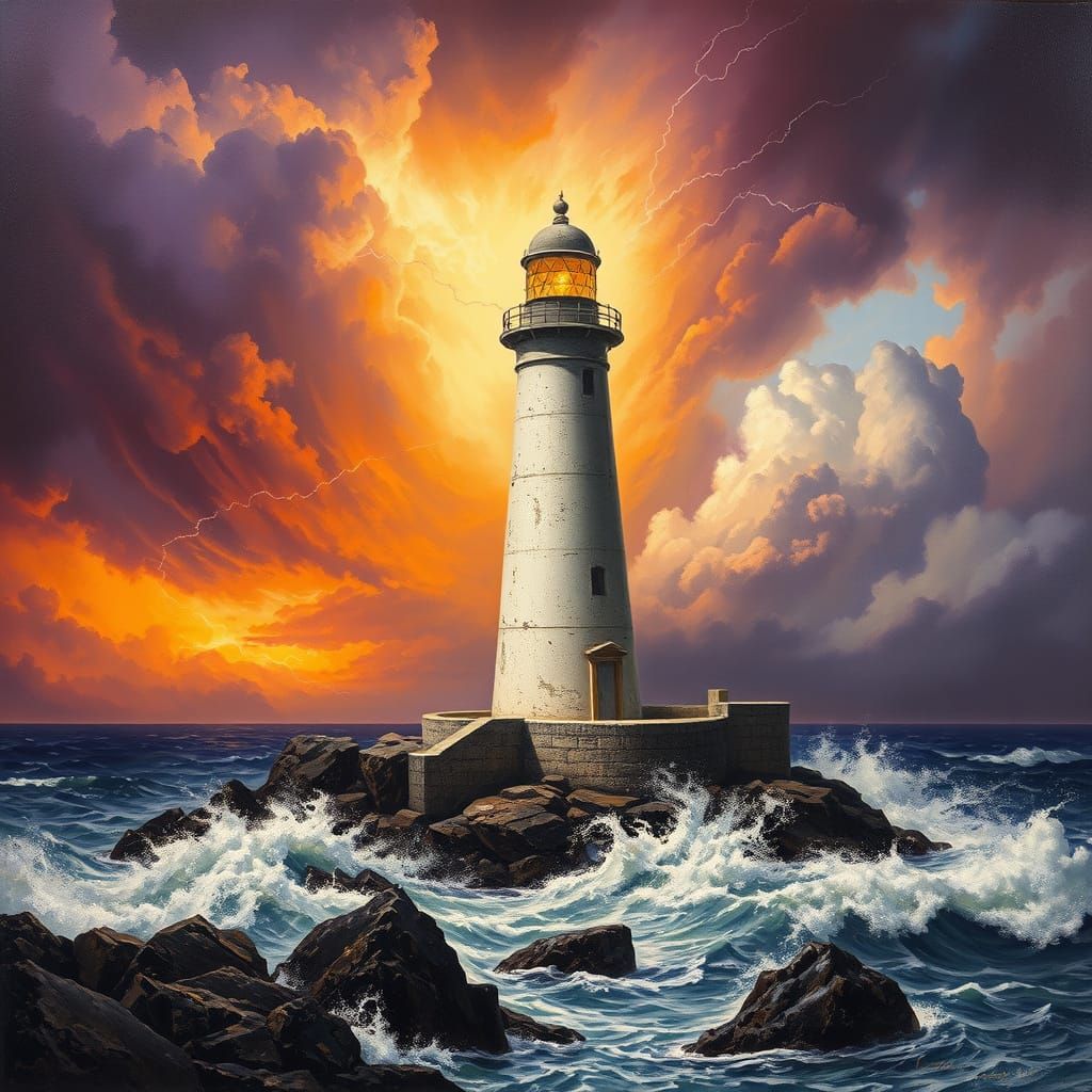 Weathered Lighthouse Endures Fierce Stormy Seascap... - AI Art