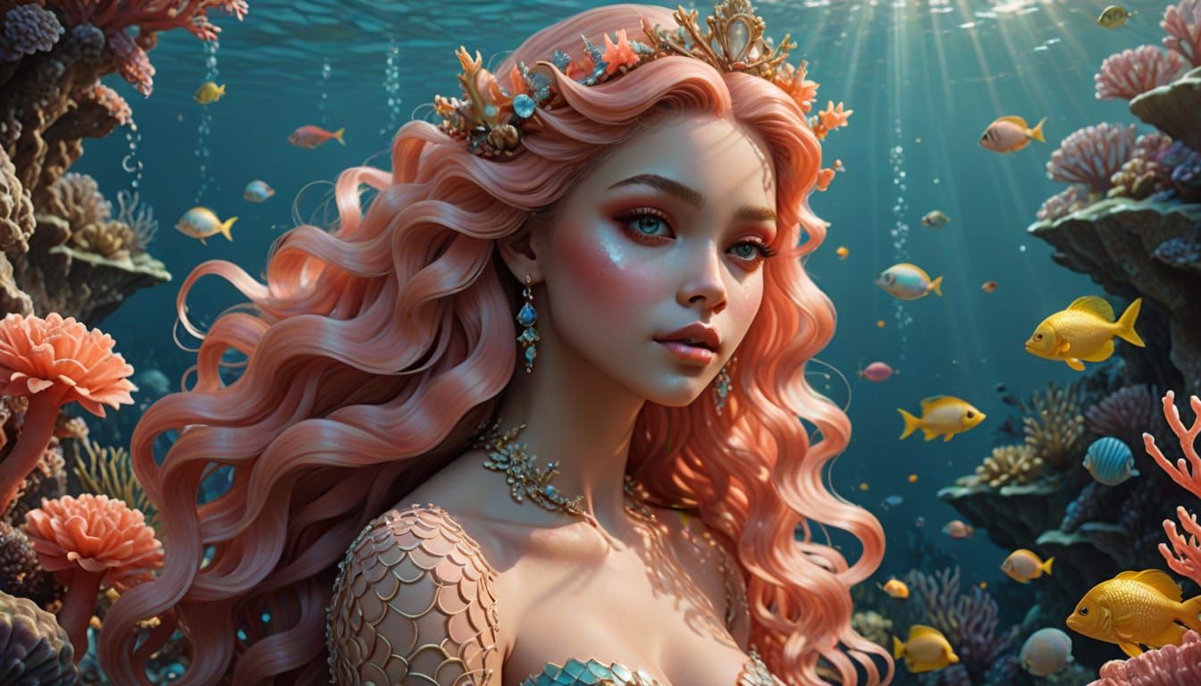 Ethereal Mermaid Goddess in Vibrant Coral Reef - AI Art