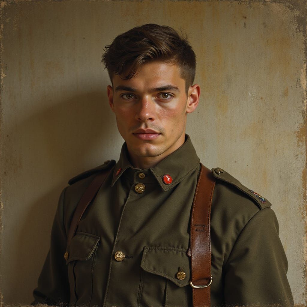 Young Soldier's Haunted Portrait in Rustic Realism... - AI Art
