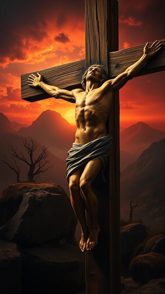 Jesus Christ on the Cross in a Dramatic Sunset Lan... - AI Art