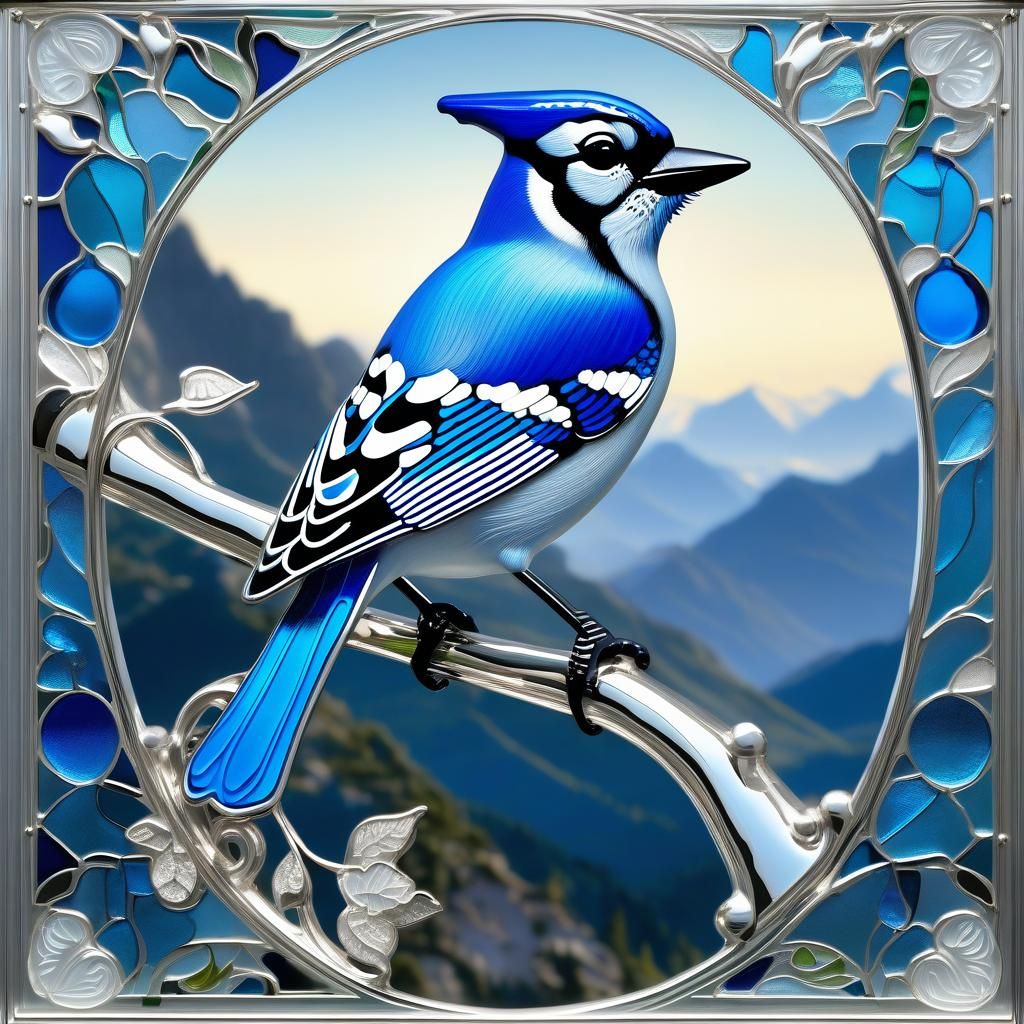 a glass blue jay perched on a silver branch - AI Generated Artwork ...