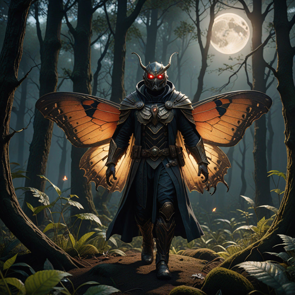 Ethereal Moth Man Under Moonlit Woods - AI Art