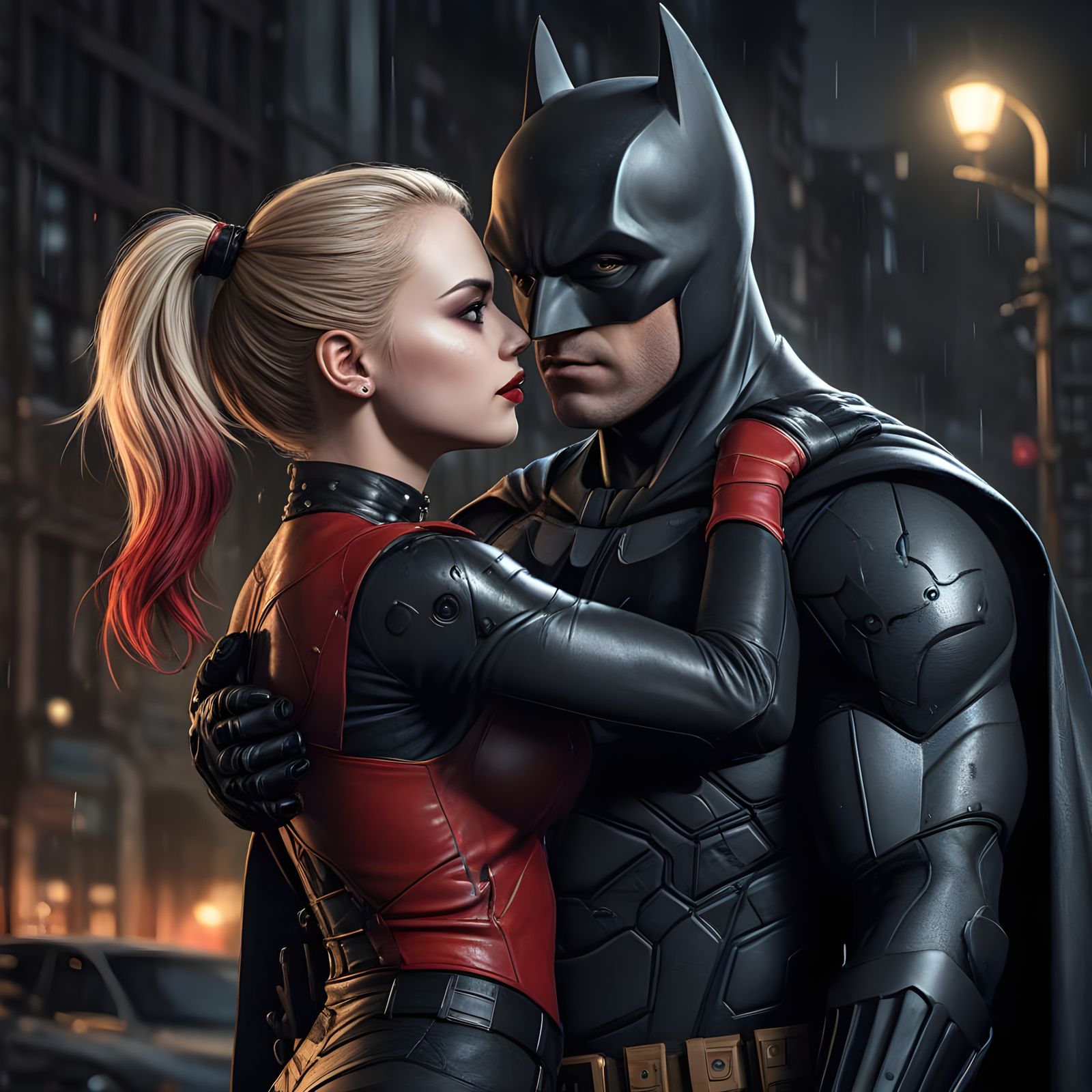 Batman and Harley Quinn in a loving embrace. Deep color hypermodernism ...