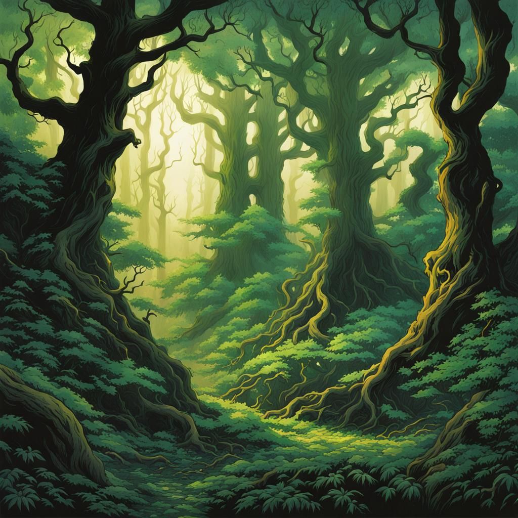 Eldritch forest, illustration, style of Q Hayashida - AI Generated Artwork - NightCafe Creator