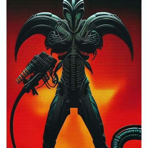 64 bit Pixel art of a xenomorph, full body, H.R. Giger deep color ...