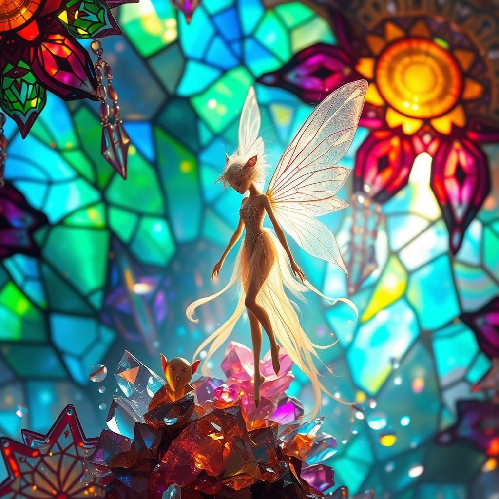 Ethereal Fairy in Vibrant Stained Glass Realm - AI Art